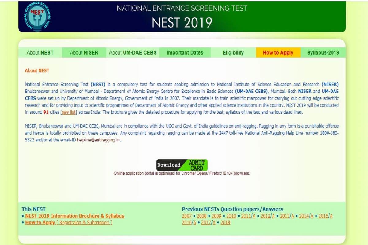 NEST 2019 admit cards released | Download now from nestexam.in - The ...
